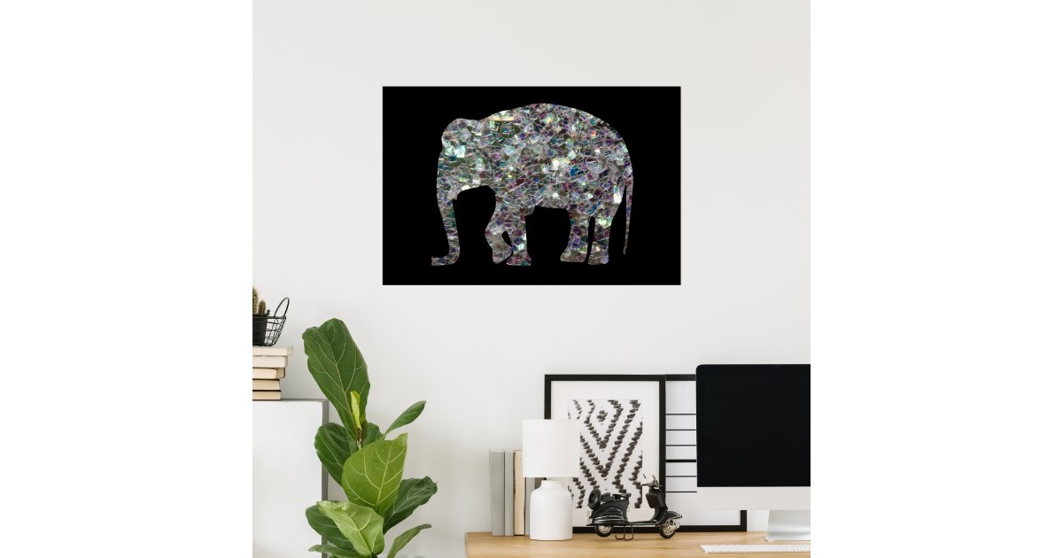 Sparkly silver mosaic glitter Elephant on black Poster | Zazzle