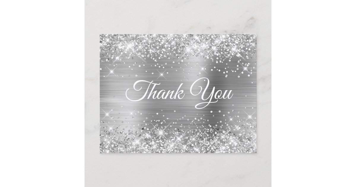Sparkly Silvery Glitter Silver Foil Thank You Postcard | Zazzle