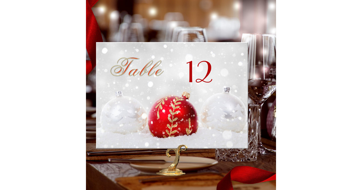 Sparkly Snow Christmas Baubles Table Number Card | Zazzle