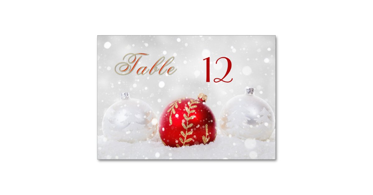 Sparkly Snow Christmas Baubles Table Number Card | Zazzle
