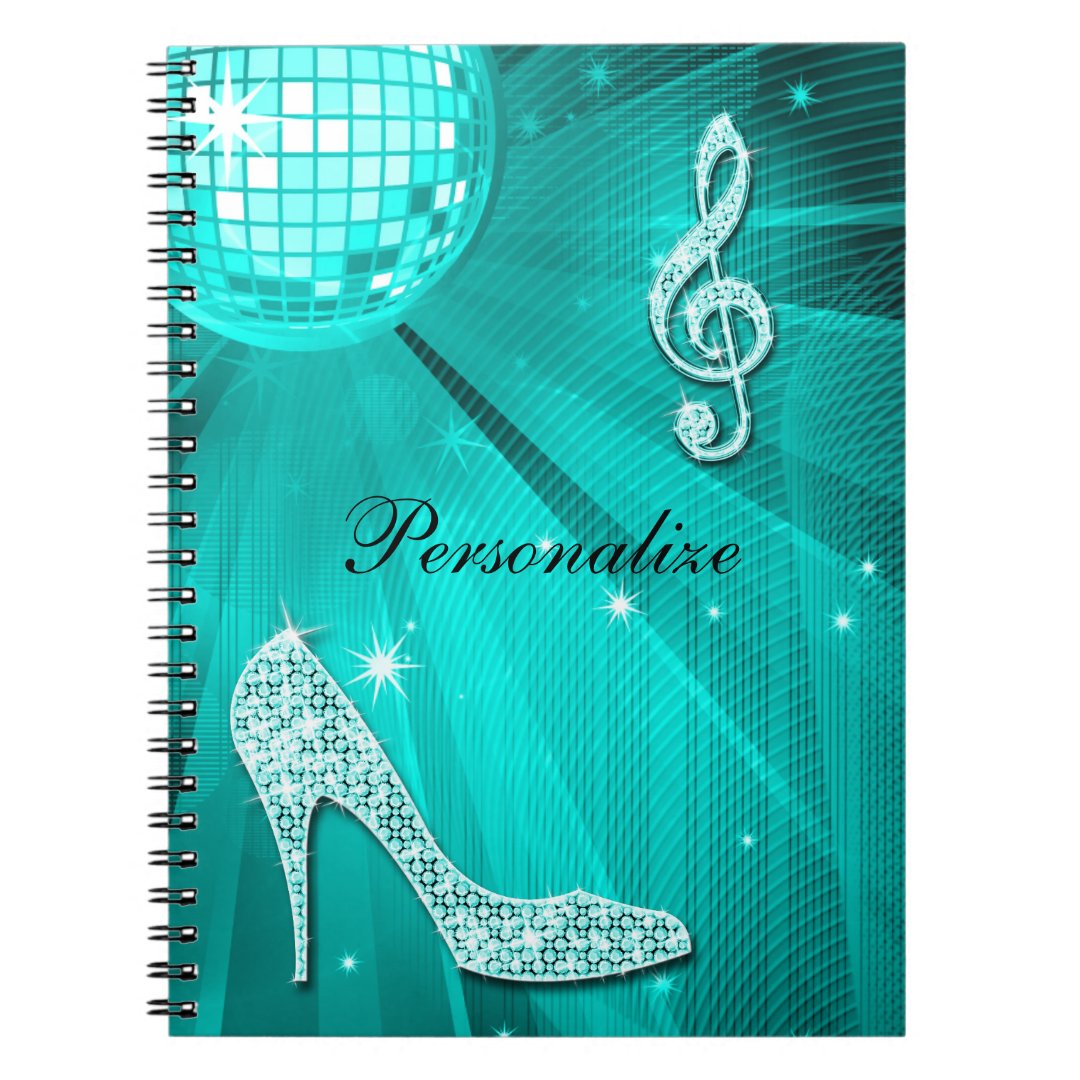Sparkly Teal Music Note & Stiletto Heel Notebook | Zazzle