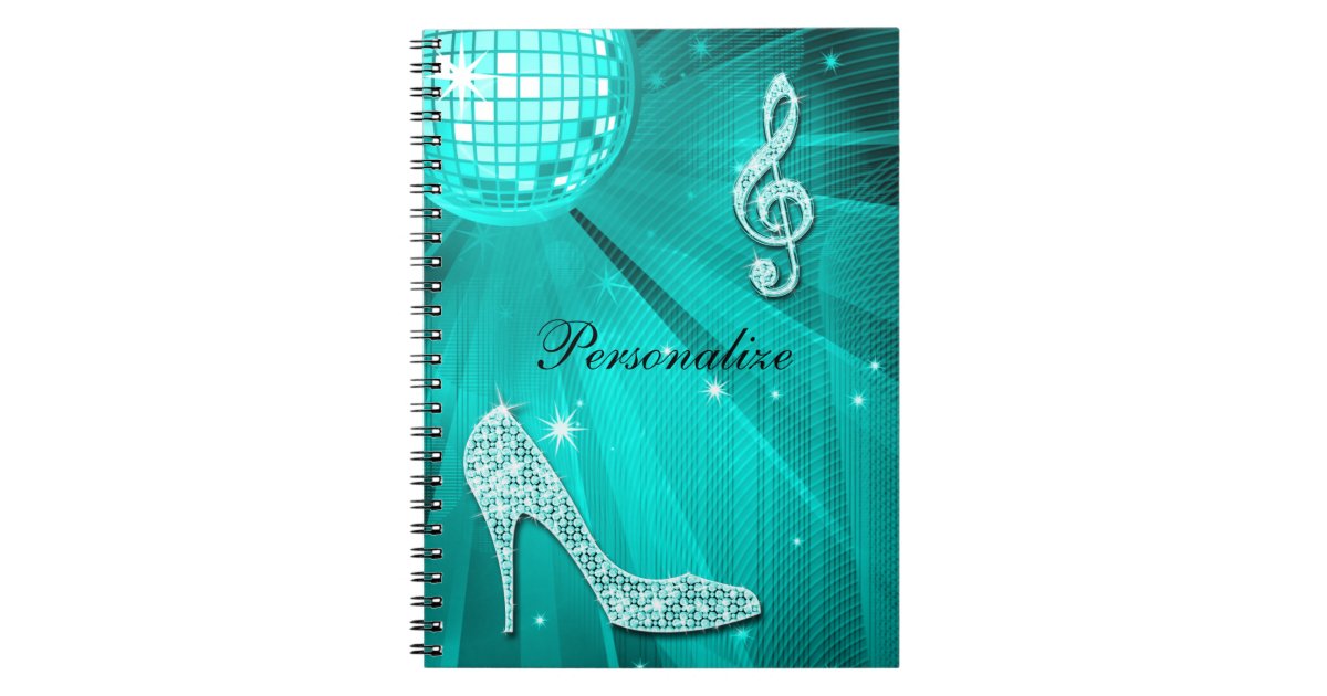 Sparkly Teal Music Note & Stiletto Heel Notebook | Zazzle