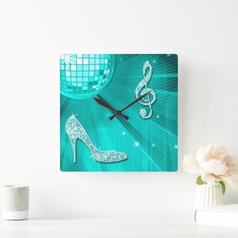 Sparkly Teal Music Note & Stiletto Heel Square Wall Clock | Zazzle