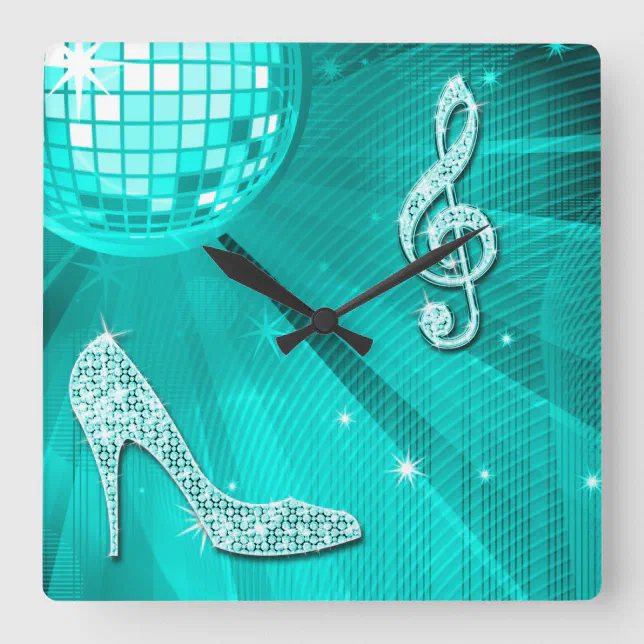 Sparkly Teal Music Note & Stiletto Heel Square Wall Clock | Zazzle