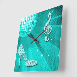 Sparkly Teal Music Note & Stiletto Heel Square Wall Clock | Zazzle