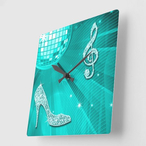Sparkly Teal Music Note & Stiletto Heel Square Wall Clock | Zazzle