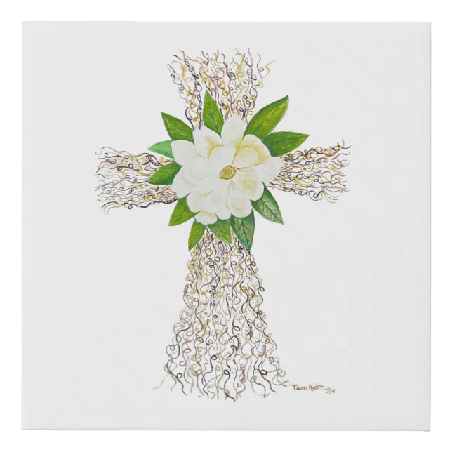 Speak Jesus Cross with Magnolia Faux Canvas Print | Zazzle