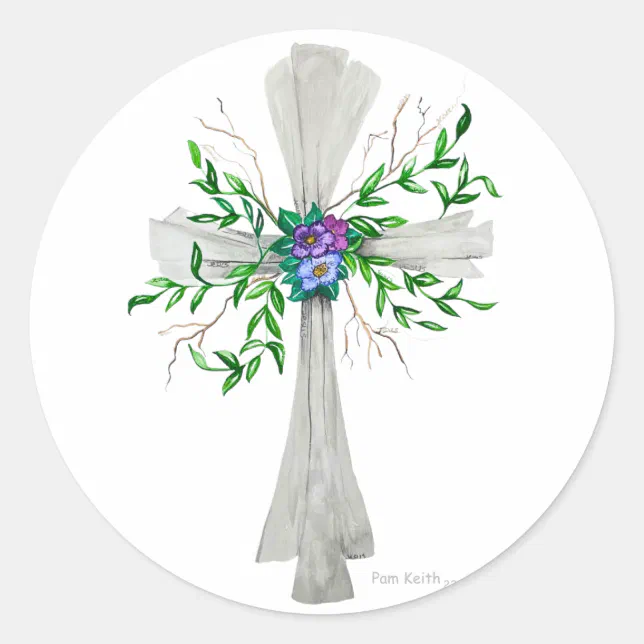Speak Jesus Grey Cross with Flowers Classic Round Sticker | Zazzle