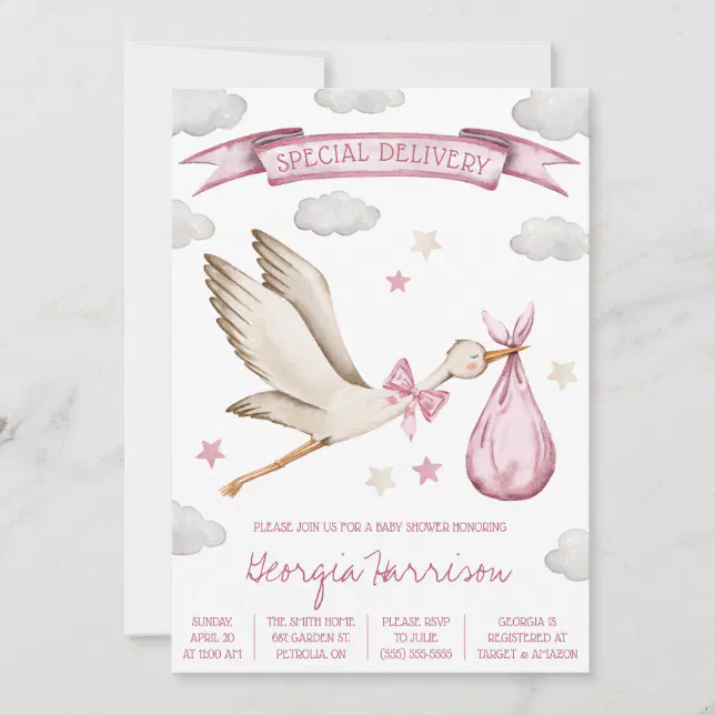 Special Delivery! Baby Girl Pink Stork Baby Shower Invitation | Zazzle