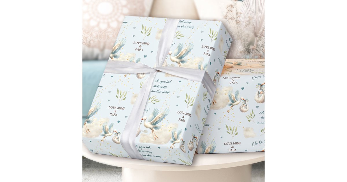 Special Delivery Blue Stork New Baby Name Text Wrapping Paper | Zazzle
