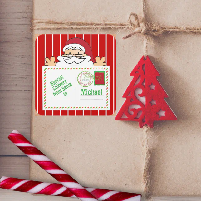 Special Delivery From Santa Cartoon for Children Square Sticker | Zazzle
