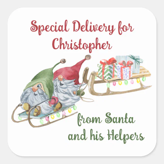Special Delivery from Santa & Gnome Helpers Square Sticker | Zazzle