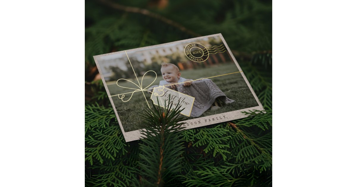 Special Delivery Parcel First New Year Baby Photo Foil Holiday Card ...