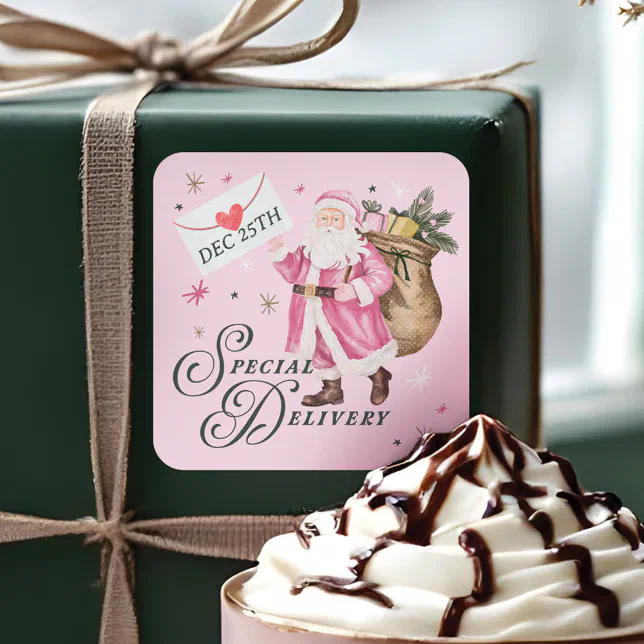 Special Delivery Pink Retro Santa Claus Christmas Square Sticker | Zazzle