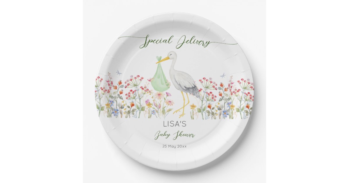 Special delivery stork spring baby shower printed paper plates | Zazzle