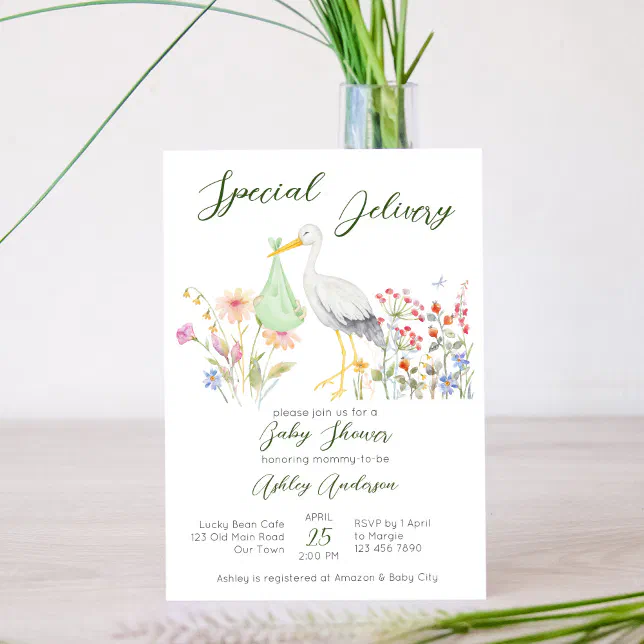 Special delivery stork spring flowers baby shower invitation | Zazzle