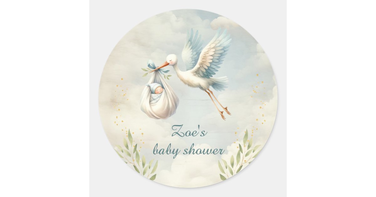 Special Delivery Vintage Stork Boy Baby Shower Classic Round Sticker ...