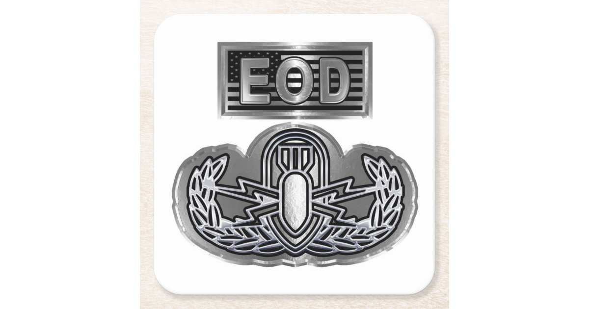 Special Design “EOD Badge and EOD Flag” Square Paper Coaster | Zazzle