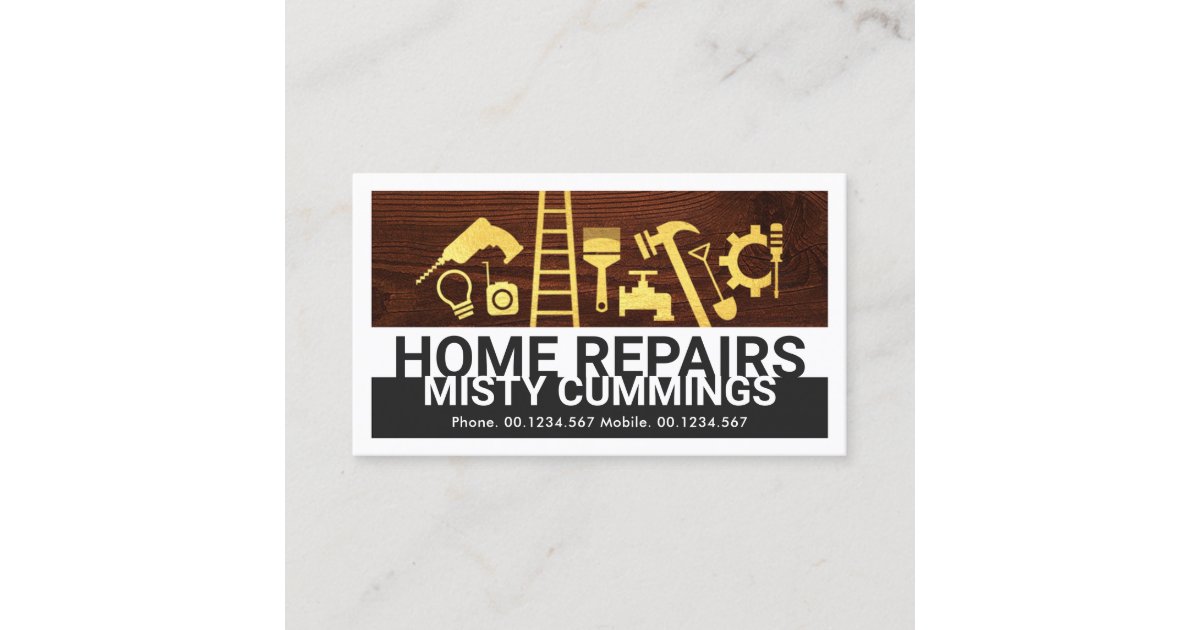 Special Gold Handyman Tools On Timber Business Card | Zazzle