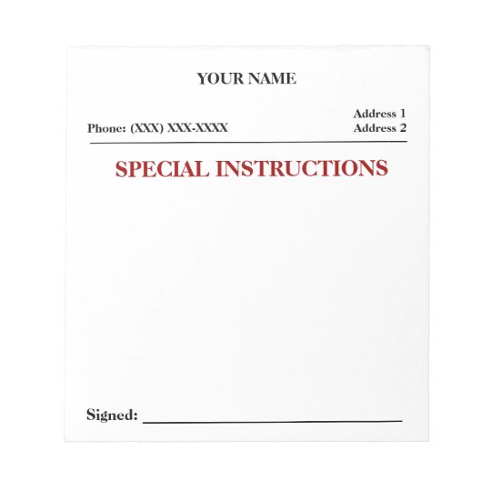 Special Instructions Slip Note Pad (White) | Zazzle.com