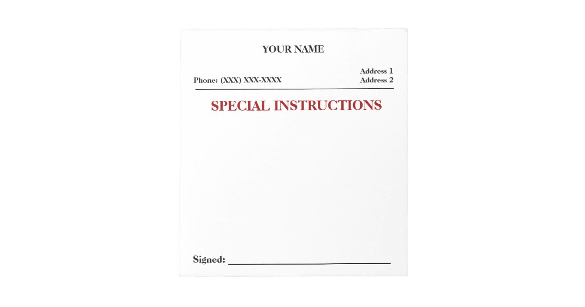 Special Instructions Slip Note Pad (White) | Zazzle