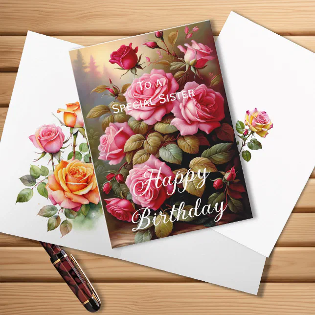 Special Sister Bright Colored Pink Roses Birthday Card | Zazzle
