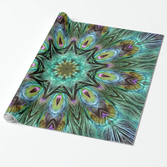 Spectacular Peacock Feather Kaleidoscope Party Wrapping Paper | Zazzle