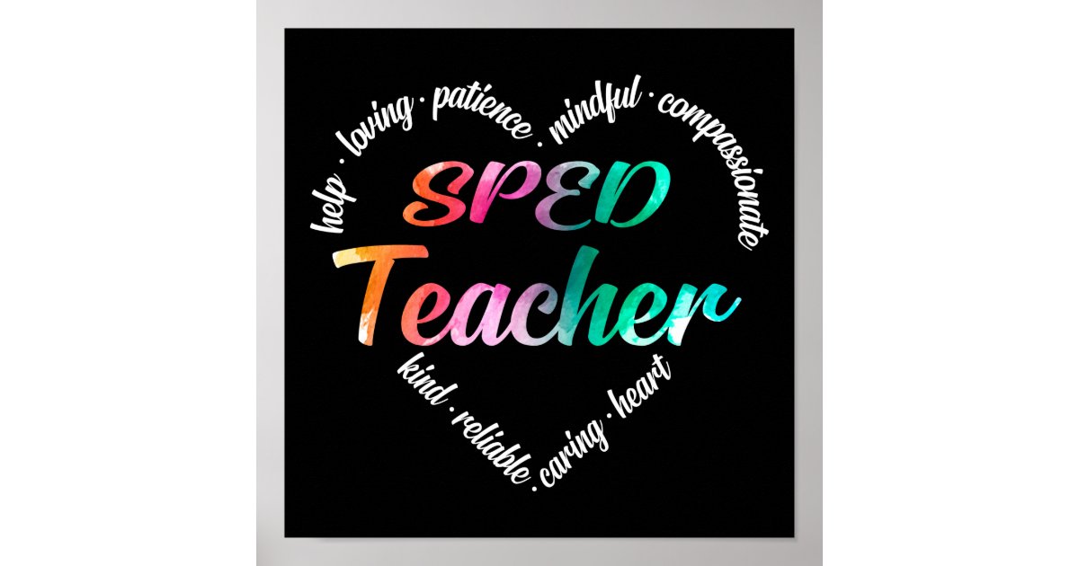 SPED Teacher Heart Word Cloud Watercolor Rainbow Poster | Zazzle