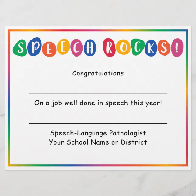 Speech Rocks End of School Year Certificate | Zazzle