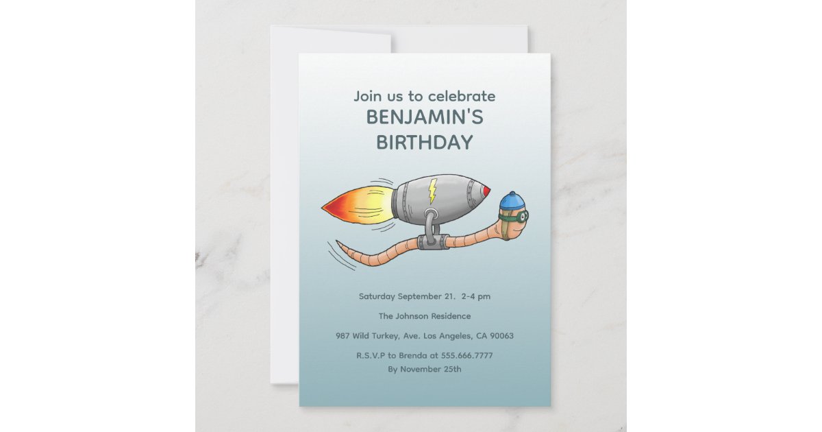 Speedy Rocket Worm Birthday Invitation | Zazzle