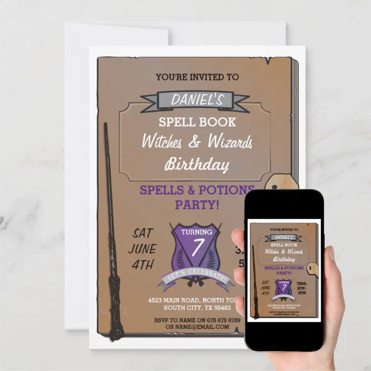 Spell Book Wizards Witches Birthday Party Invite | Zazzle