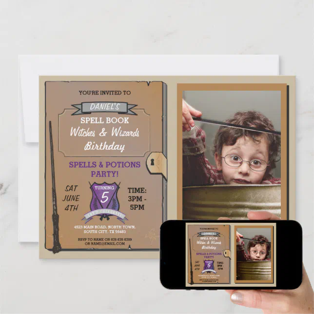 Spell Book Wizards Witches Birthday Party Photos Invitation | Zazzle