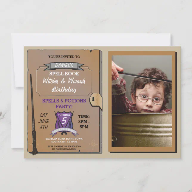 Spell Book Wizards Witches Birthday Party Photos Invitation | Zazzle