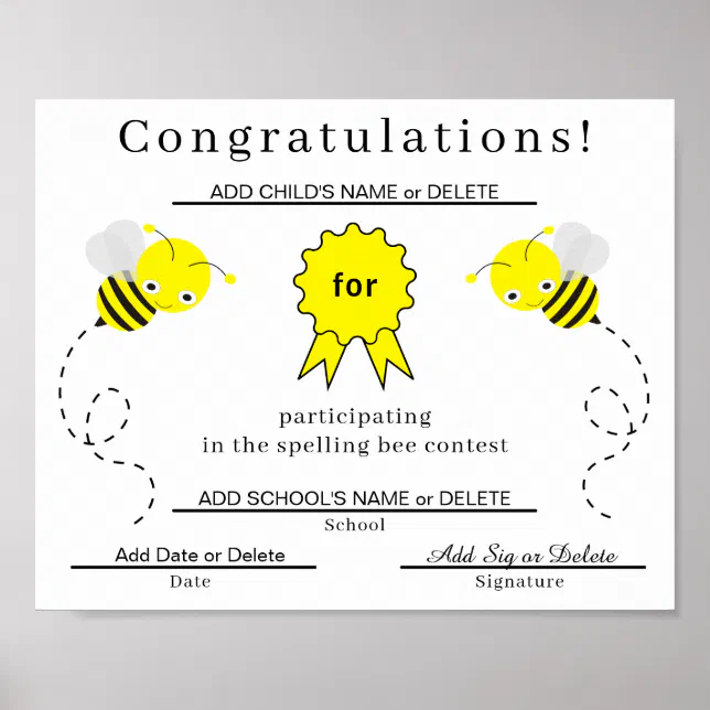 Spelling Bee Participant Certificate for Kids Poster | Zazzle