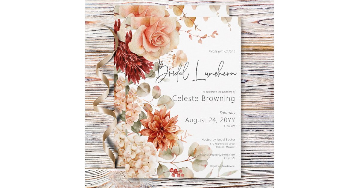 Spicy Fall Rust & Blush Boho Floral Bridal Lunch Invitation | Zazzle