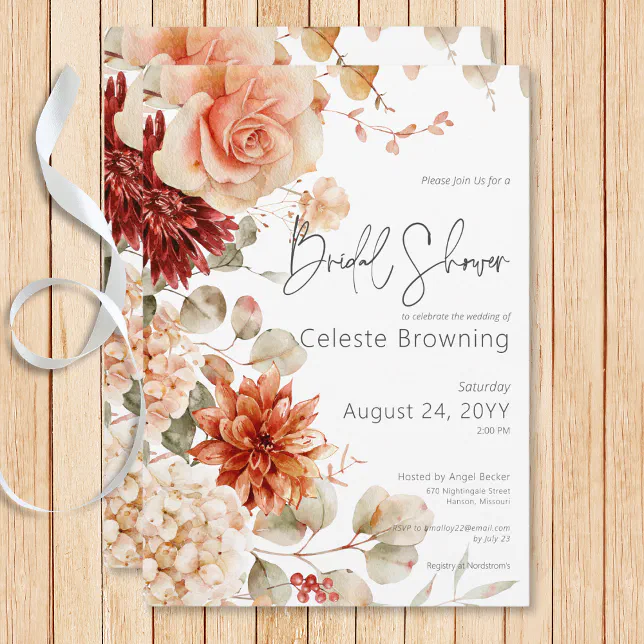 Spicy Fall Rust & Blush Boho Floral Bridal Shower Invitation | Zazzle
