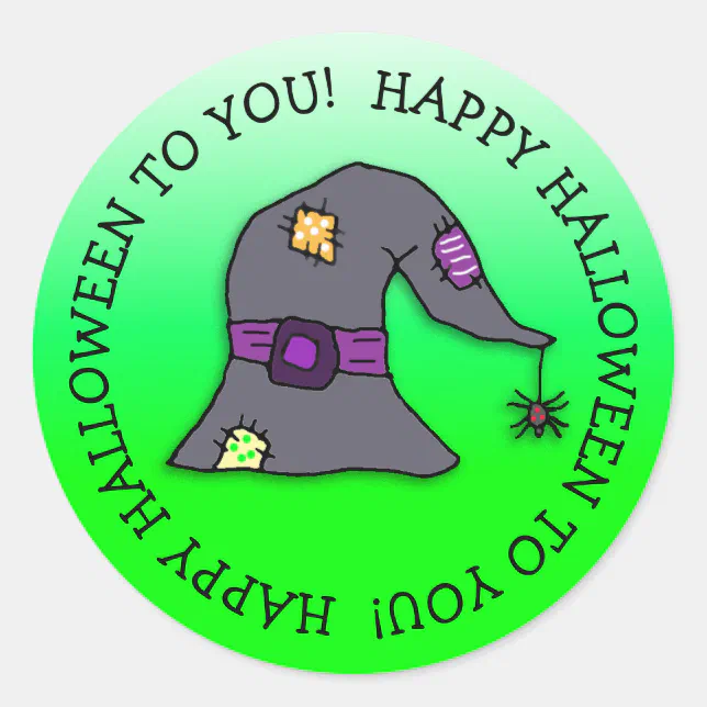 Spider dangling from Witch's Hat Halloween Classic Round Sticker | Zazzle