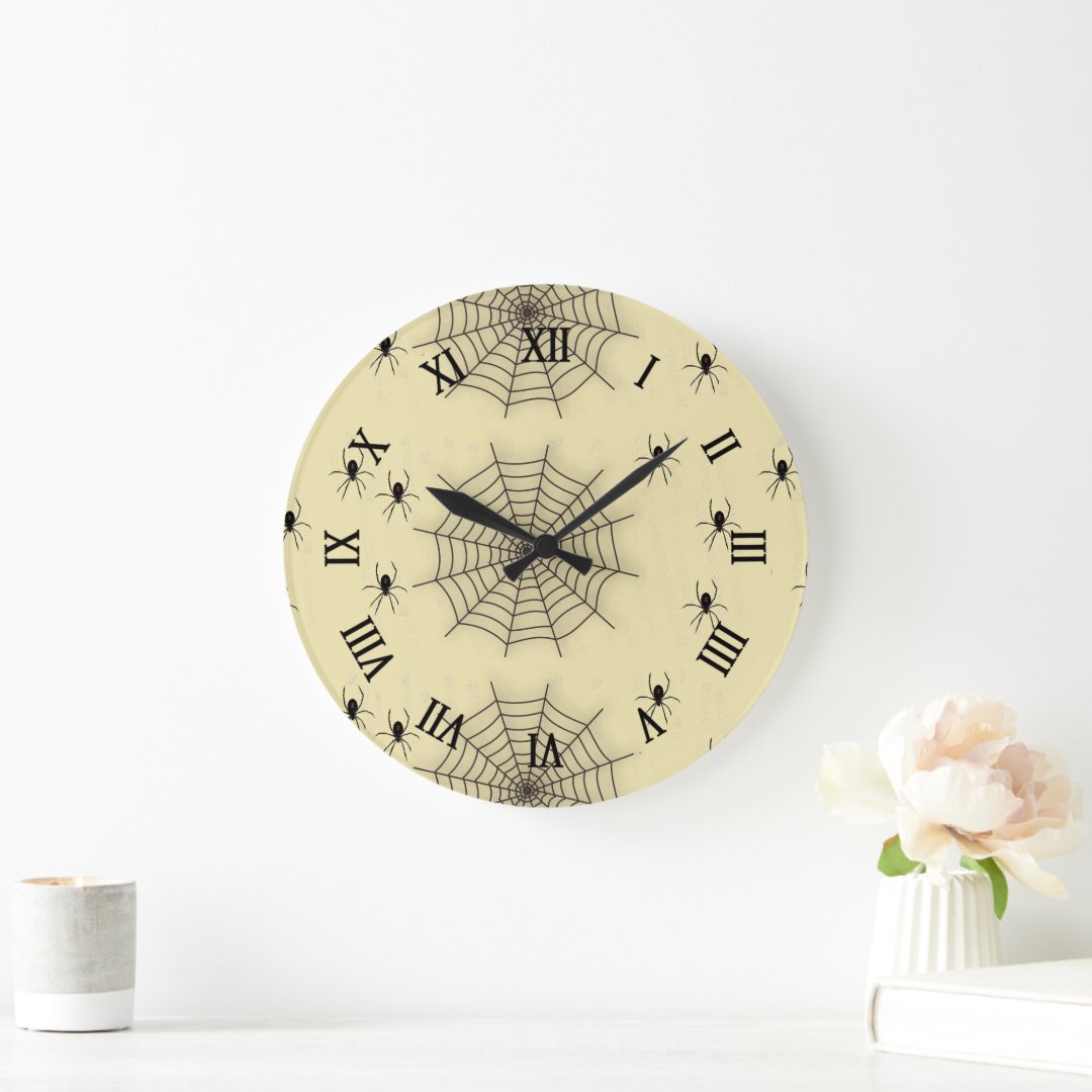 Spider web and spiders on wall large clock | Zazzle