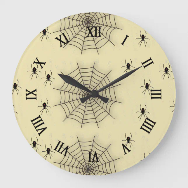 Spider web and spiders on wall large clock | Zazzle