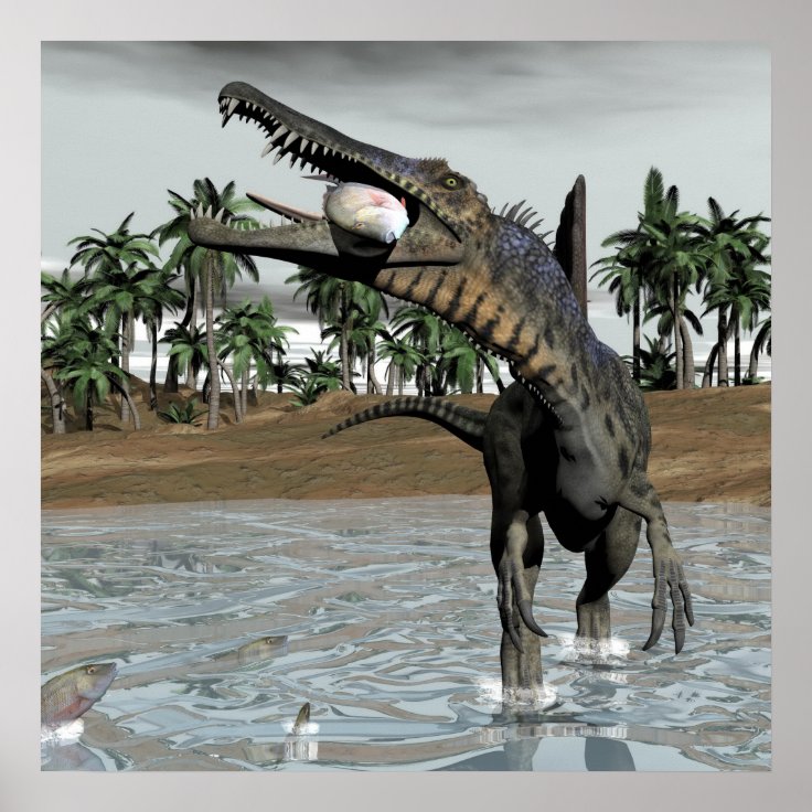 Spinosaurus dinosaur eating fish - 3D render Poster | Zazzle
