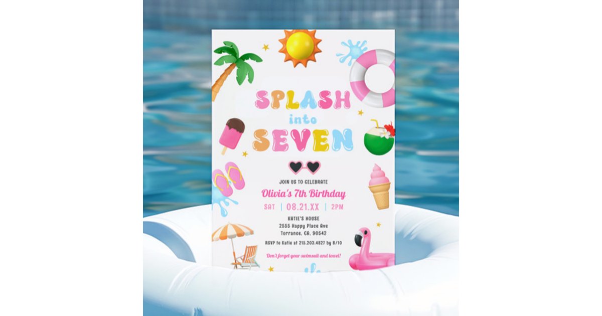 Splash Into Seven Pool Party Girl 7th Birthday Invitation | Zazzle