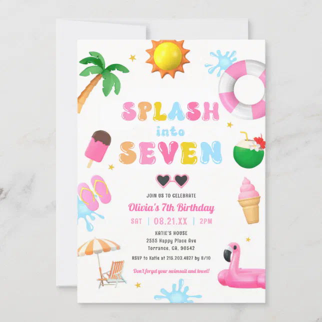 Splash Into Seven Pool Party Girl 7th Birthday Invitation | Zazzle