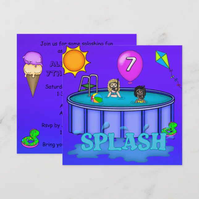 "Splash" Pool Party 7th Birthday Invitation | Zazzle