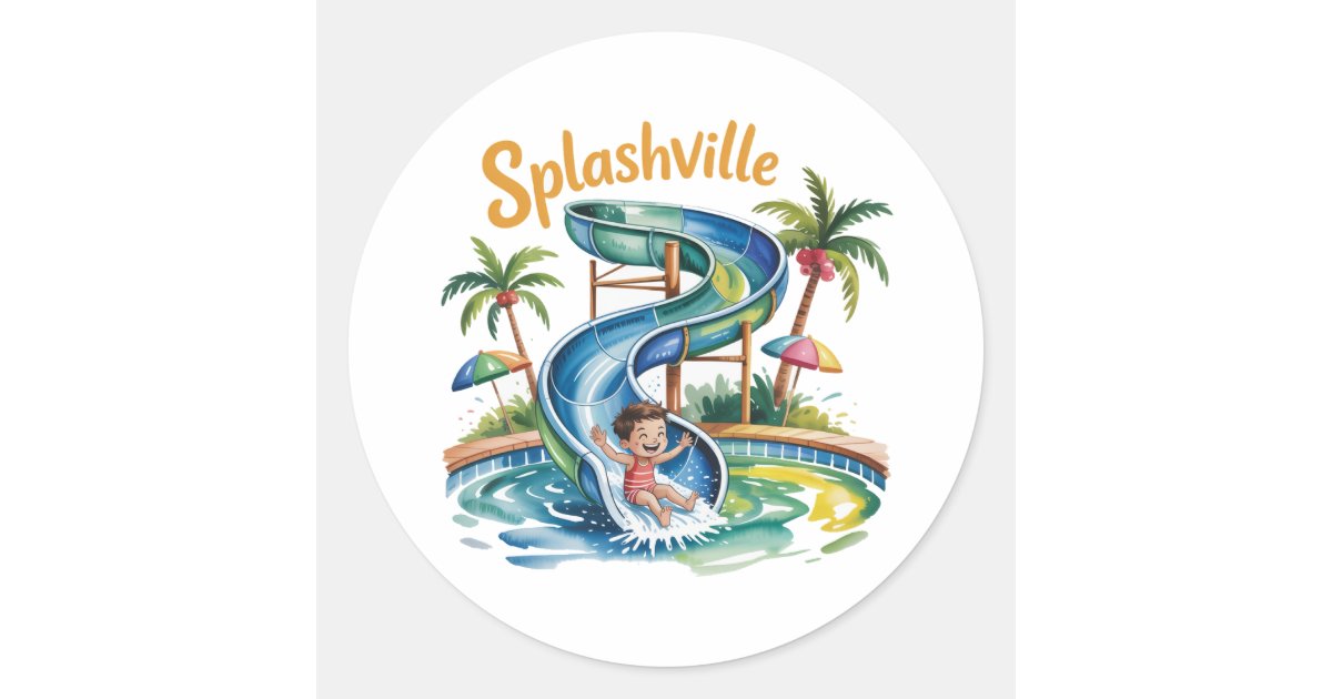 Splashville Water Slide Boy Birthday Party Classic Round Sticker | Zazzle