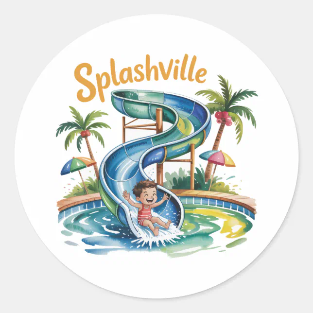 Splashville Water Slide Boy Birthday Party Classic Round Sticker | Zazzle