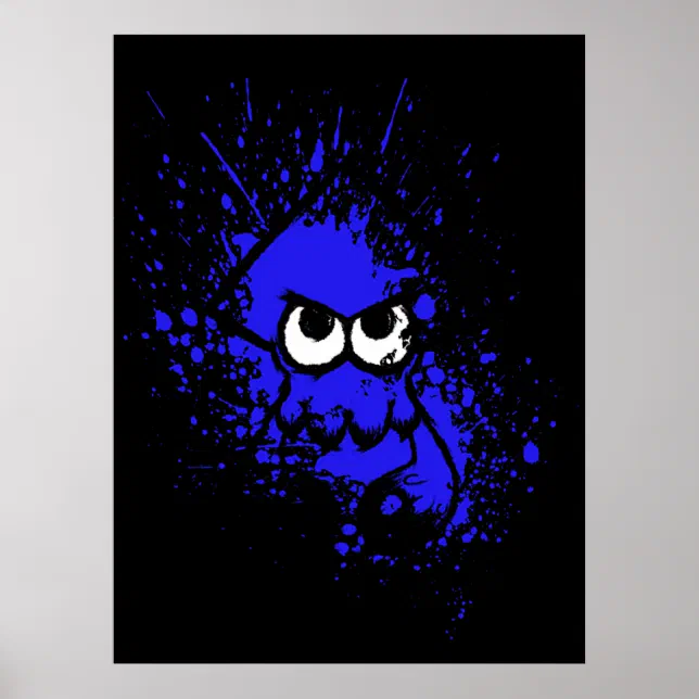 Splatoon Black Squid with Blank Eyes on Blue Splat Poster | Zazzle