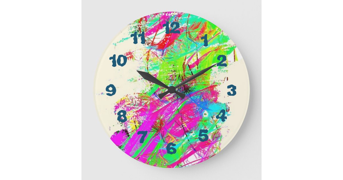 Splattered paint rainbow digital art creative large clock | Zazzle