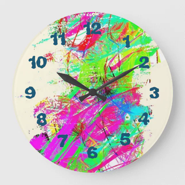 Splattered paint rainbow digital art creative large clock | Zazzle