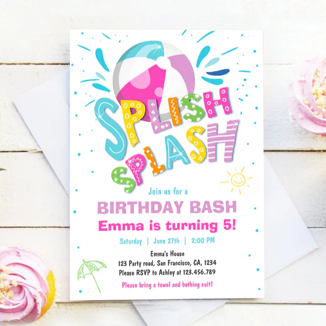 Splish Splash Birthday Bash Girl Pool Party Invitation | Zazzle