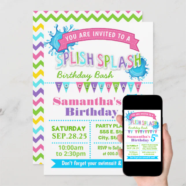 Splish splash birthday bash pink party invitation | Zazzle